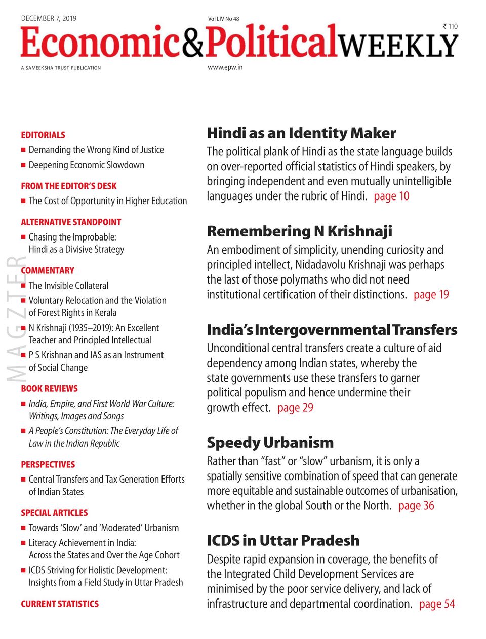 Economic and Political Weekly-December 7, 2019 Magazine