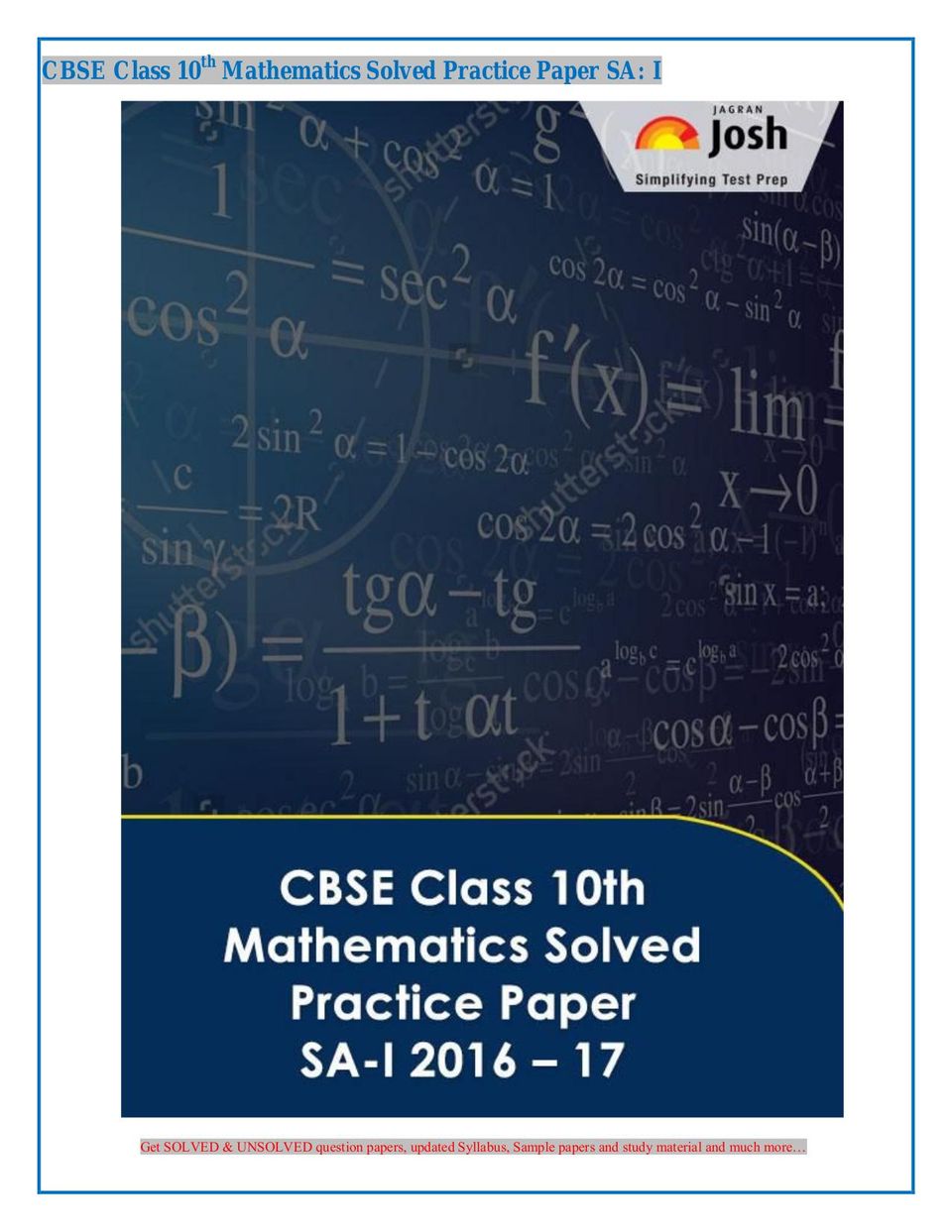 CBSE Class 10th Mathematics Solved Practice Paper Magazine CBSE Class 10th Mathematics Solved Practice Paper Magazine