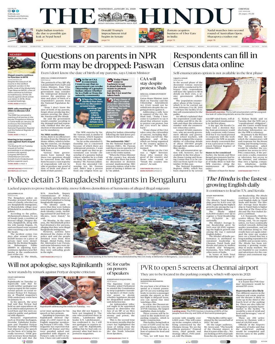 The Hindu-January 22, 2020 Newspaper - Get your Digital Subscription