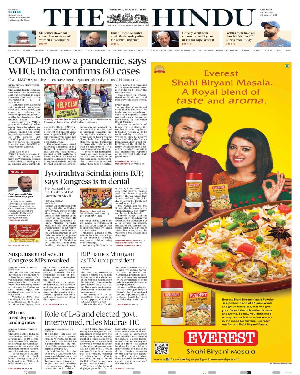 The Hindu-March 12, 2020 Newspaper - Get your Digital Subscription