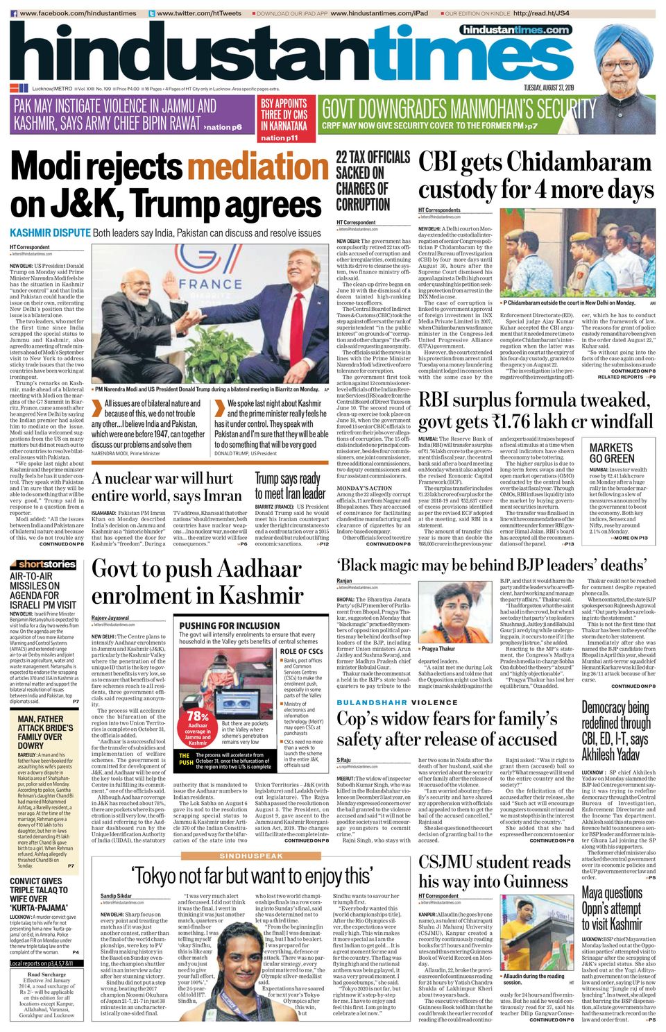 Hindustan Times Lucknow-August 27, 2019 Newspaper