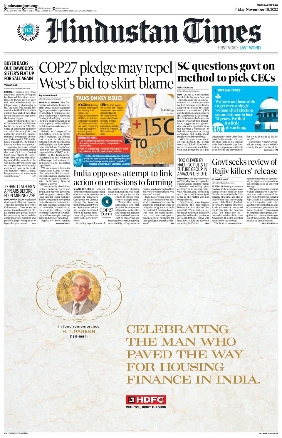 Hindustan Times Mumbai-November 18, 2022 Newspaper