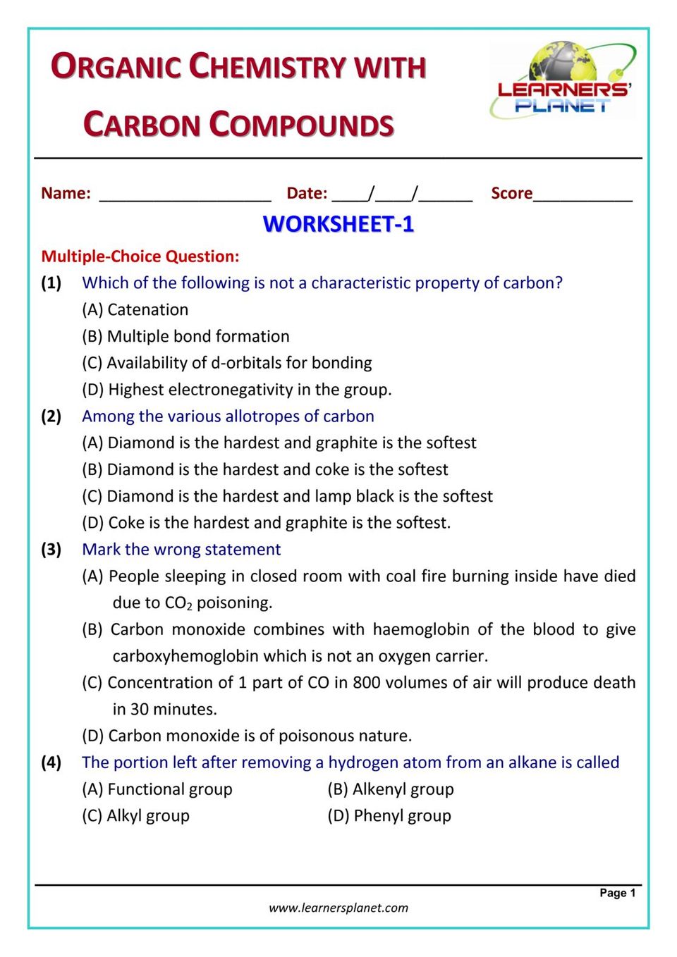 Carbon Compounds Worksheet Organic Compounds Worksheet