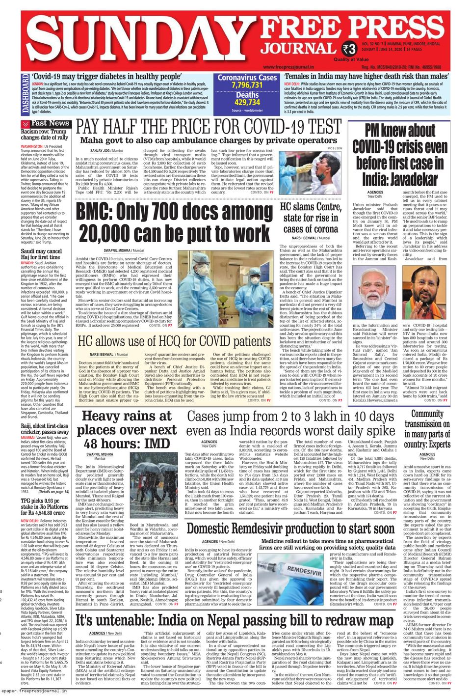The Free Press Journal - Mumbai-June 14, 2020 Newspaper