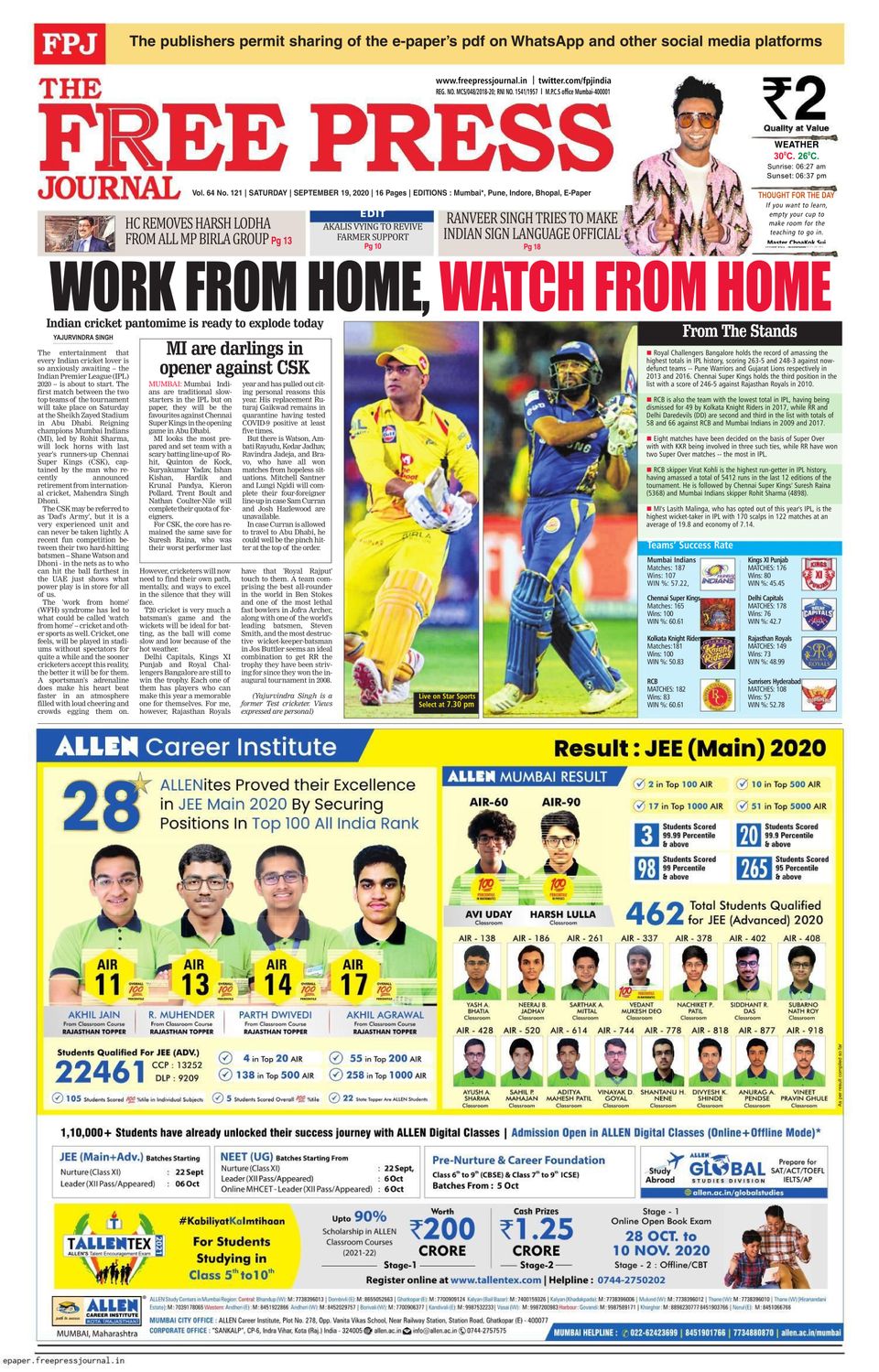 The Free Press Journal - Mumbai-September 19, 2020 Newspaper