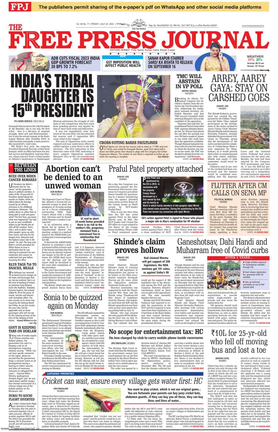 The Free Press Journal - Mumbai-July 22, 2022 Newspaper