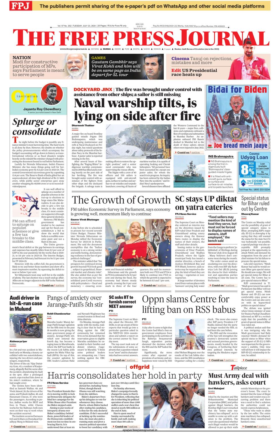 The Free Press Journal - Mumbai-July 23, 2024 Newspaper