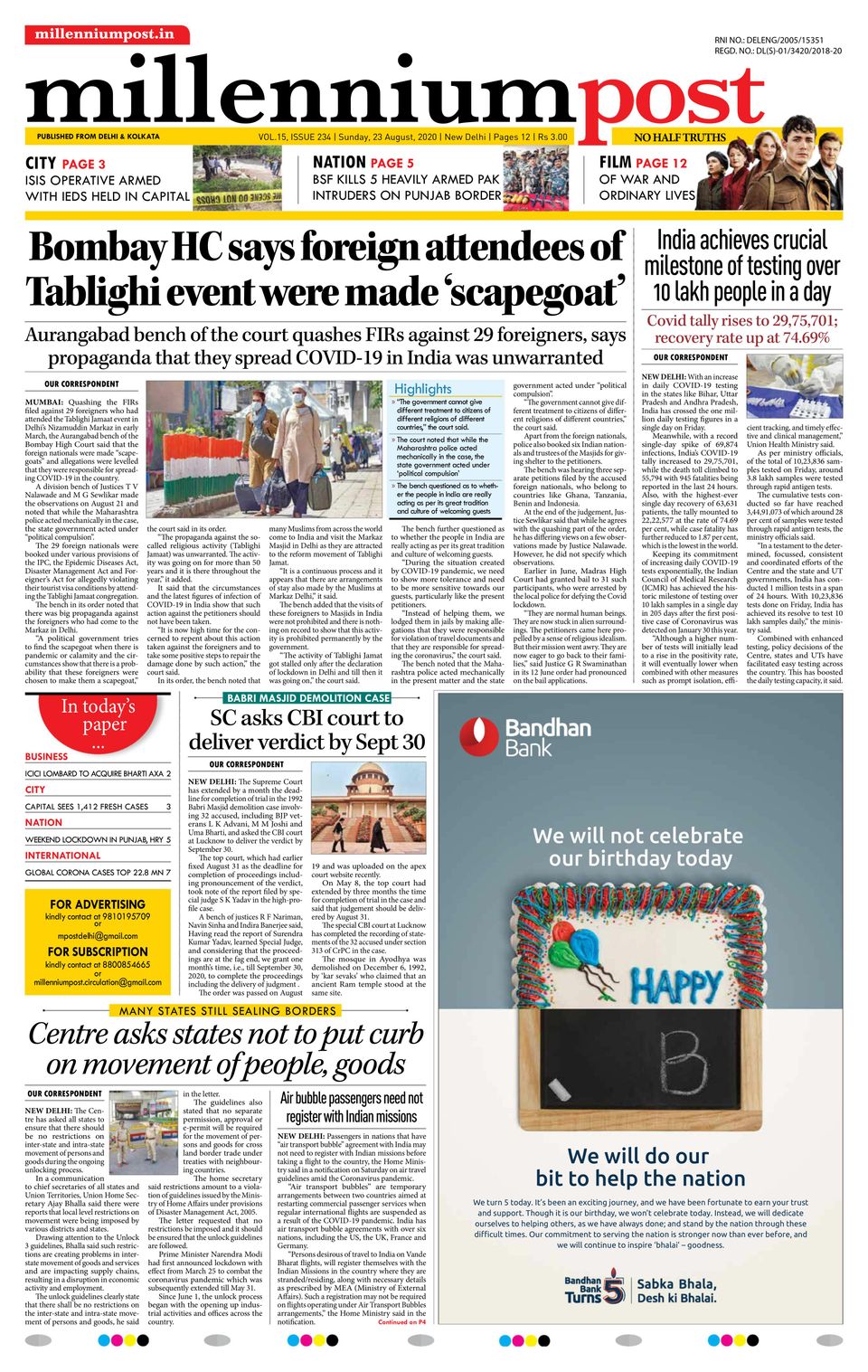 Millennium Post Delhi-August 23, 2020 Newspaper