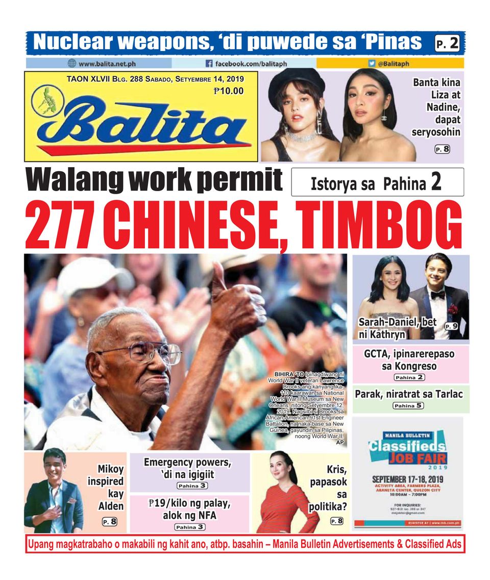 Balita-September 14, 2019 Newspaper - Get your Digital Subscription