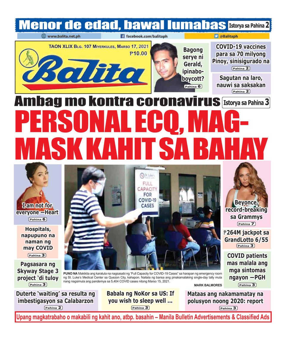 Balita-March 17, 2021 Newspaper - Get your Digital Subscription