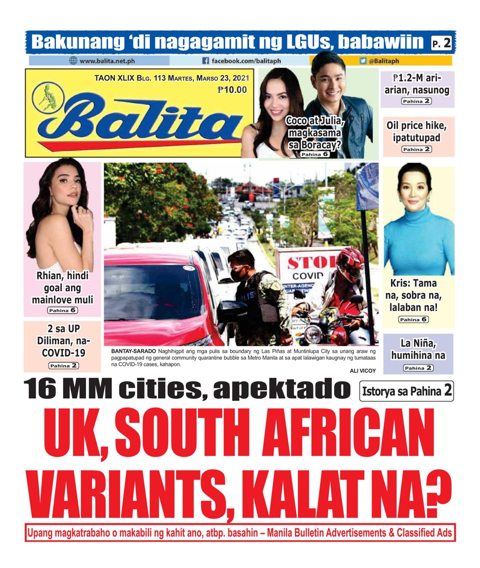 Balita-March 23, 2021 Newspaper - Get your Digital Subscription