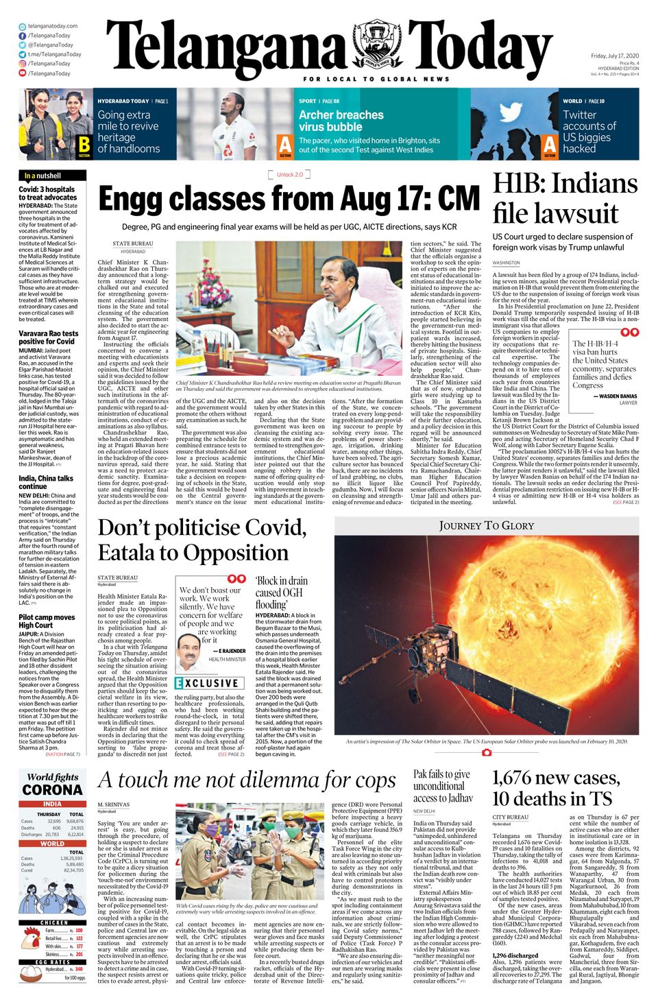 Telangana Today - Hyderabad-July 17, 2020 Newspaper