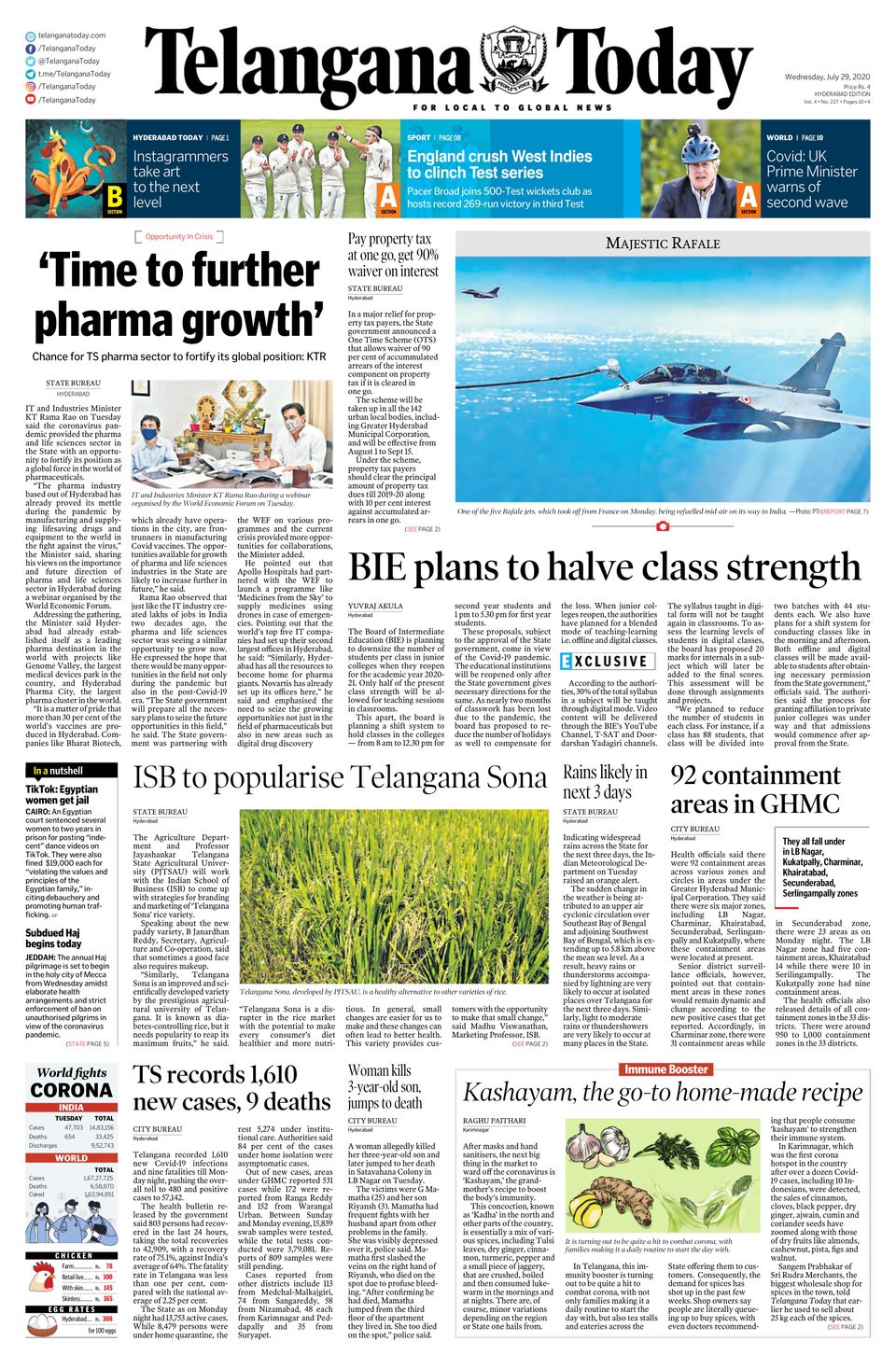 Telangana Today - Hyderabad-July 29, 2020 Newspaper