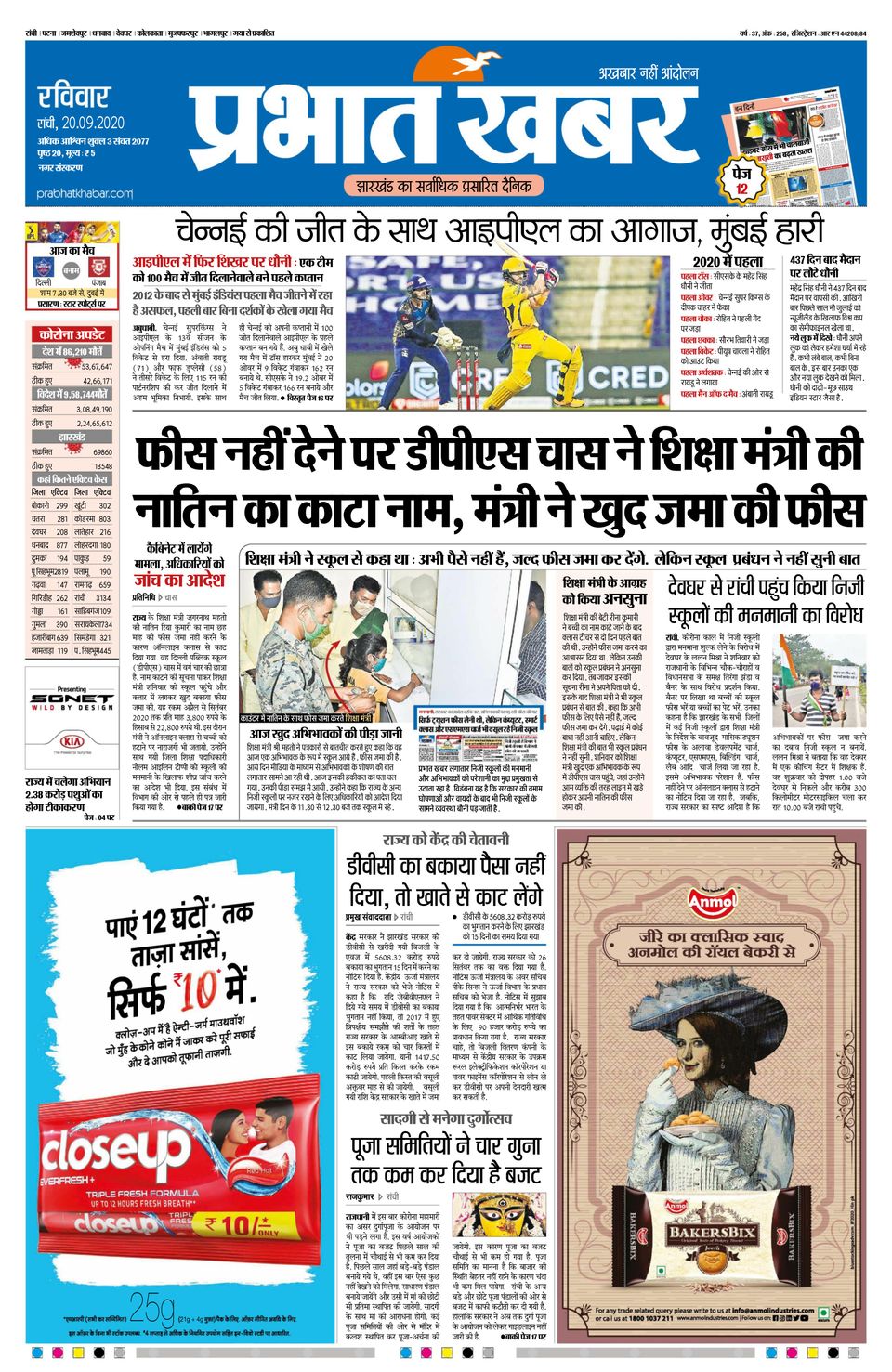 Prabhat Khabar Ranchi September 20 2020 Newspaper