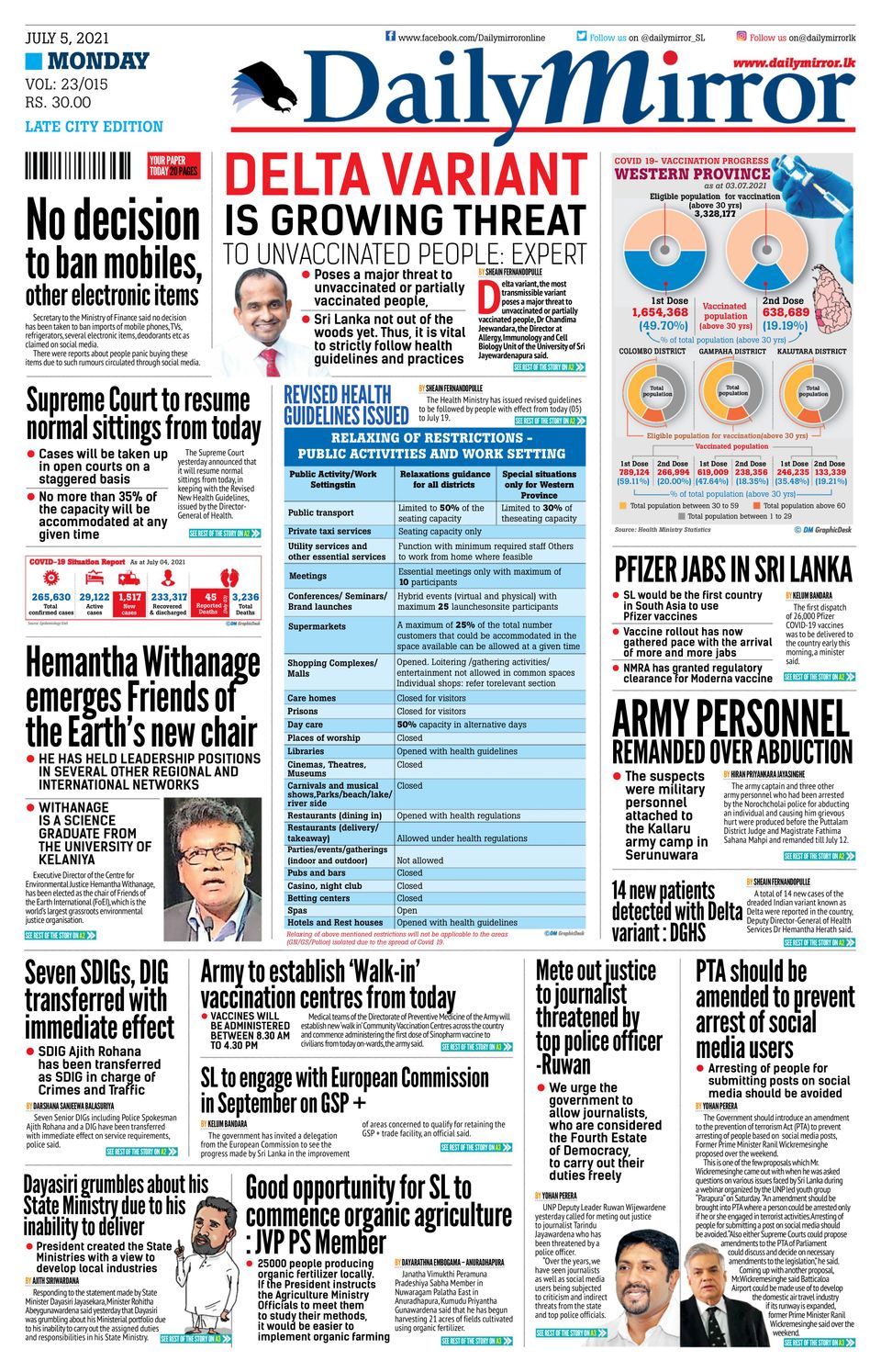 Daily Mirror - Sri Lanka-July 05, 2021 Newspaper