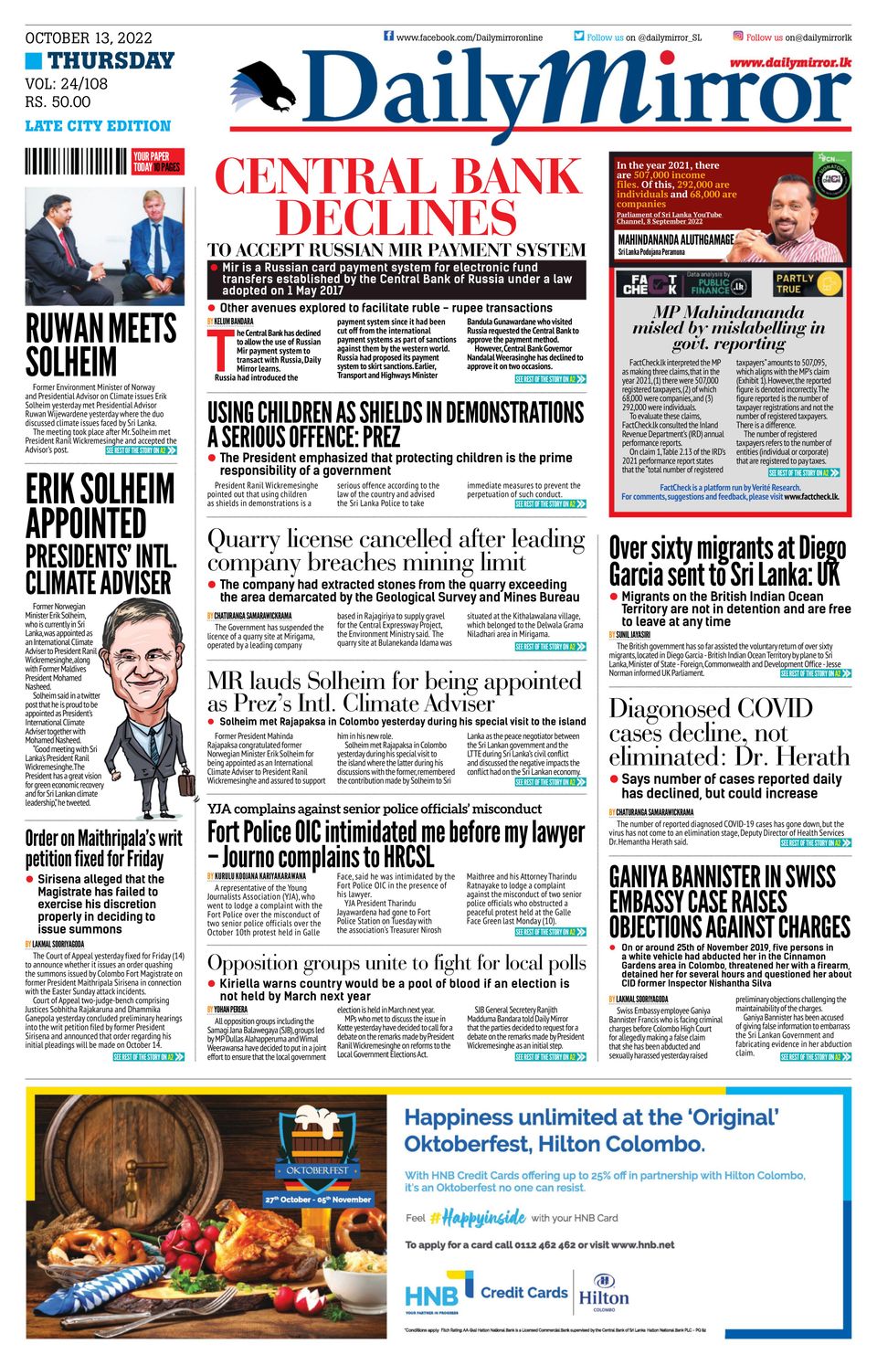 Get digital access to Daily Mirror - Sri Lanka - October 13, 2022 issue ...