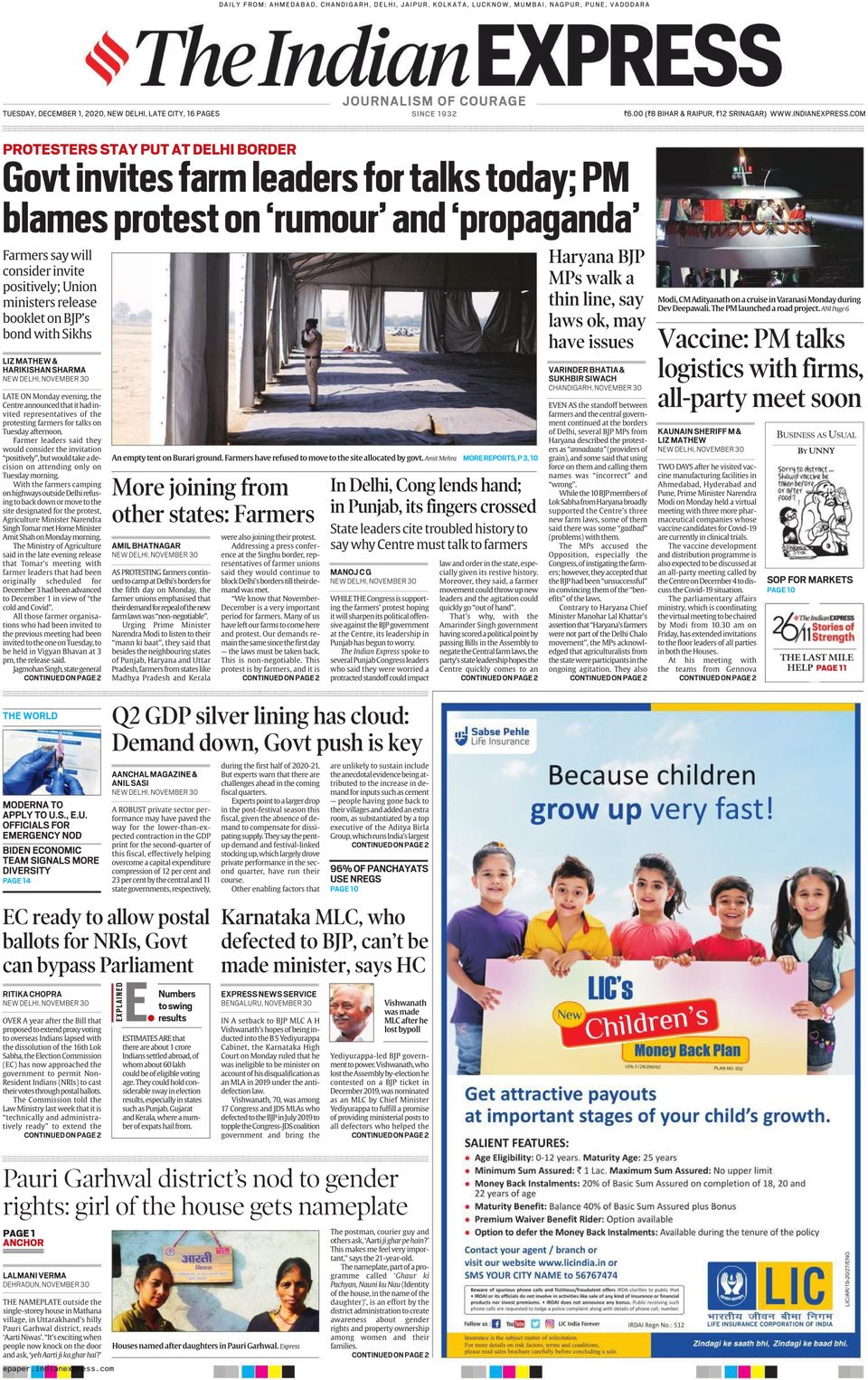 The Indian Express Delhi-December 1, 2020 Newspaper