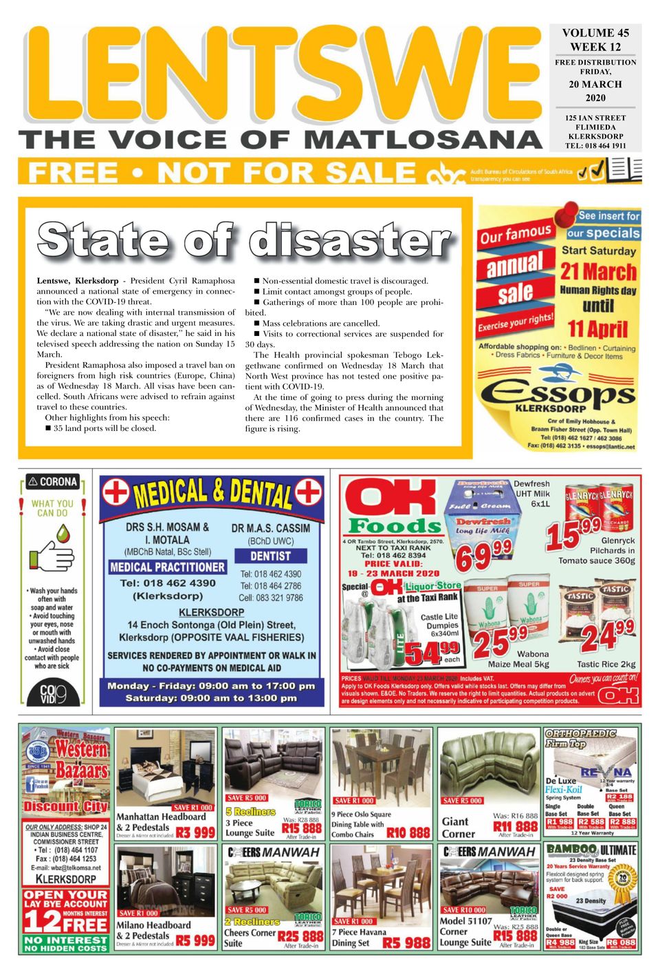 Get Digital Access To Klerksdorp Lentswe 20 March 2020 Issue