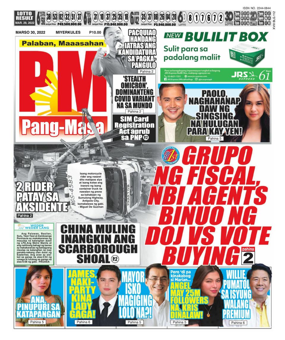 Pang Masa-March 30, 2022 Newspaper - Get your Digital Subscription