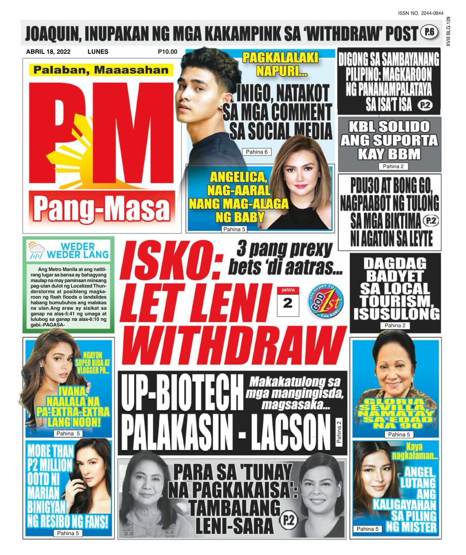 Pang Masa-April 18, 2022 Newspaper - Get your Digital Subscription