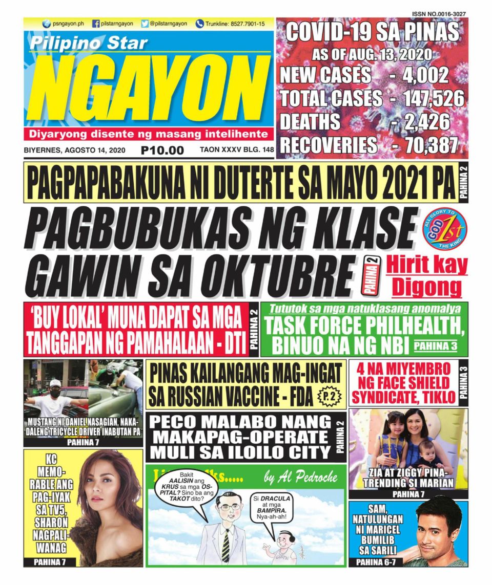 Pilipino Star Ngayon-August 14, 2020 Newspaper