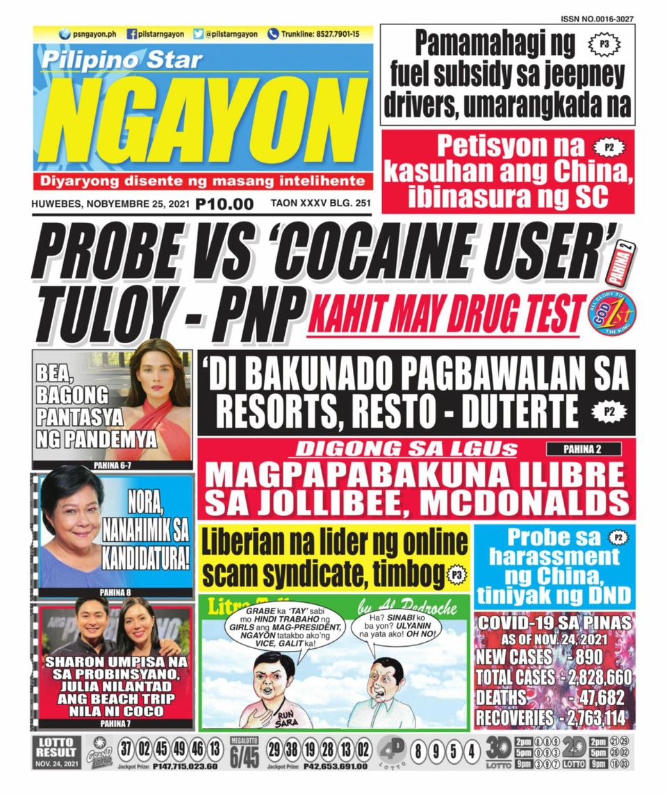 Pilipino Star Ngayon-November 25, 2021 Newspaper