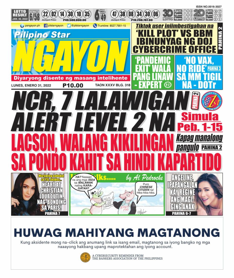 Pilipino Star Ngayon-January 31, 2022 Newspaper