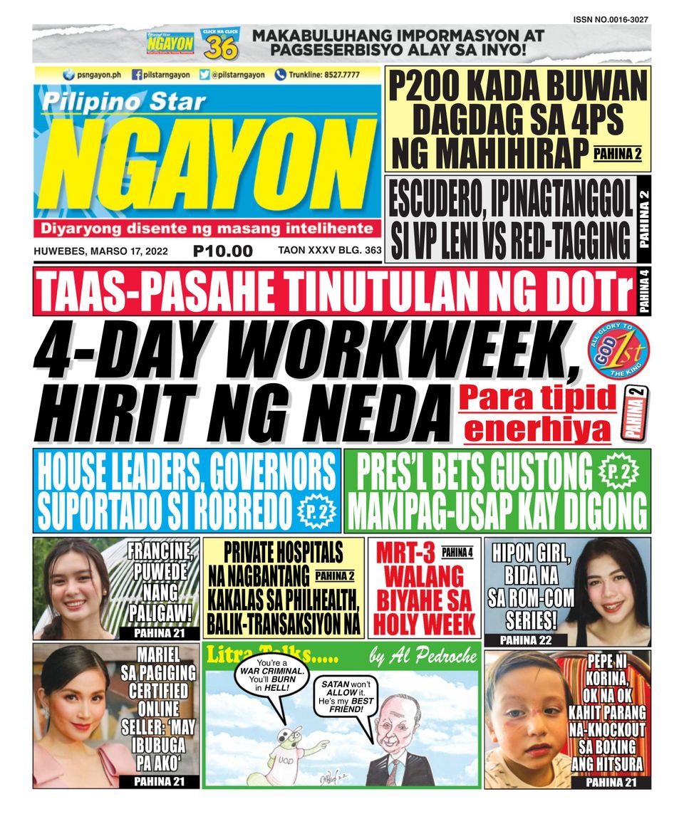 Pilipino Star Ngayon-March 17, 2022 Newspaper - Get your Digital ...