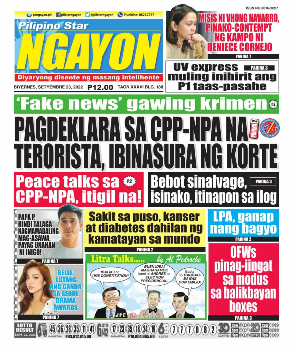 Pilipino Star Ngayon-September 23, 2022 Newspaper