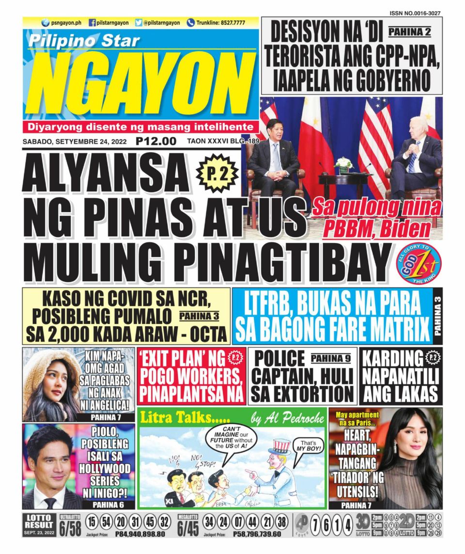 Pilipino Star Ngayon-September 24, 2022 Newspaper