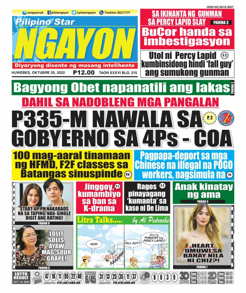 Pilipino Star Ngayon-October 20, 2022 Newspaper