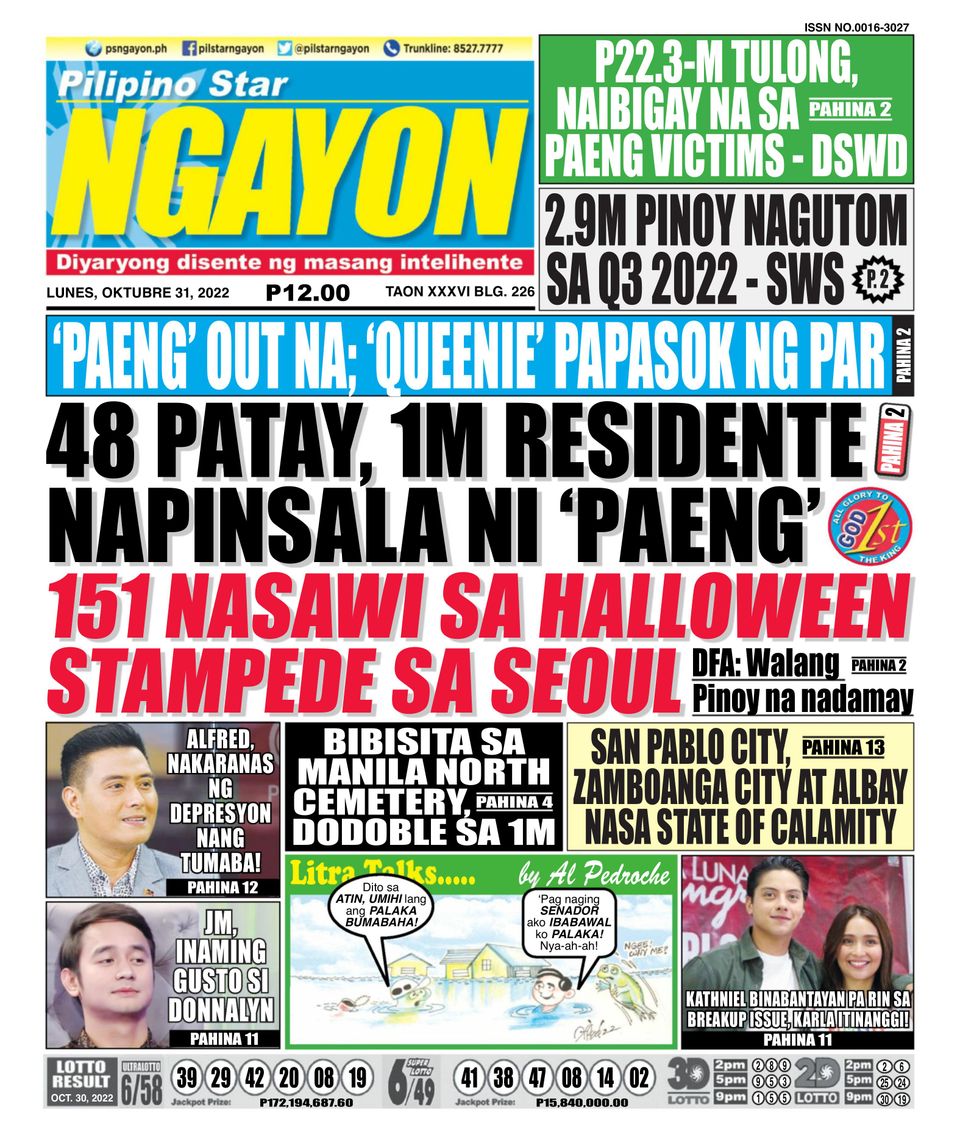 Pilipino Star Ngayon-October 31, 2022 Newspaper