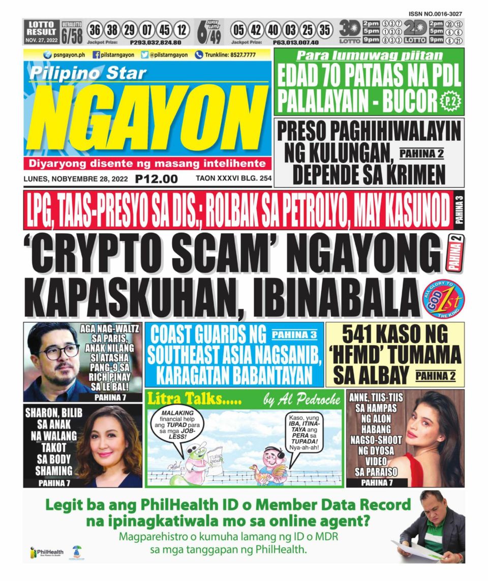 Pilipino Star Ngayon-November 28, 2022 Newspaper