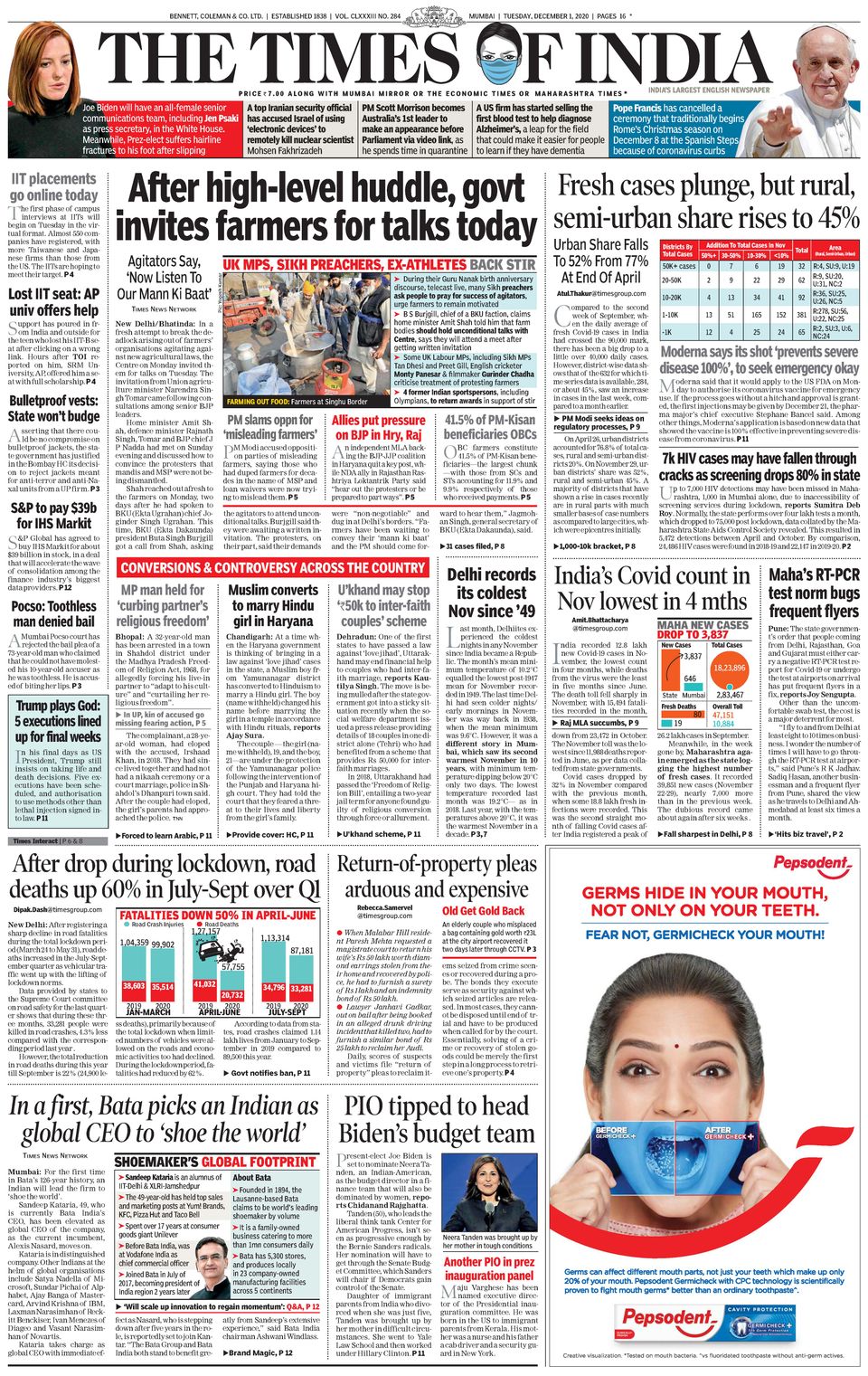 The Times of India Mumbai-December 01, 2020 Newspaper