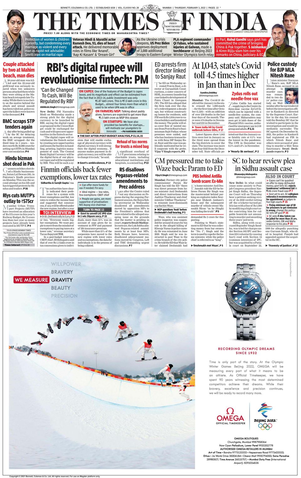 The Times of India Mumbai-February 03, 2022 Newspaper