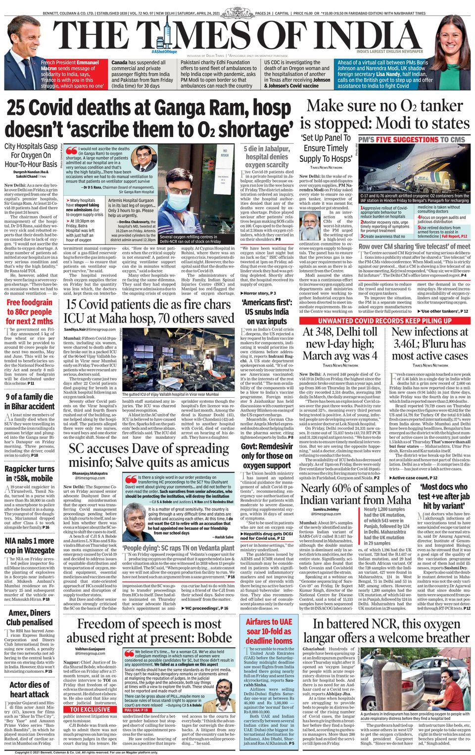 The Times of India Delhi-April 24, 2021 Newspaper