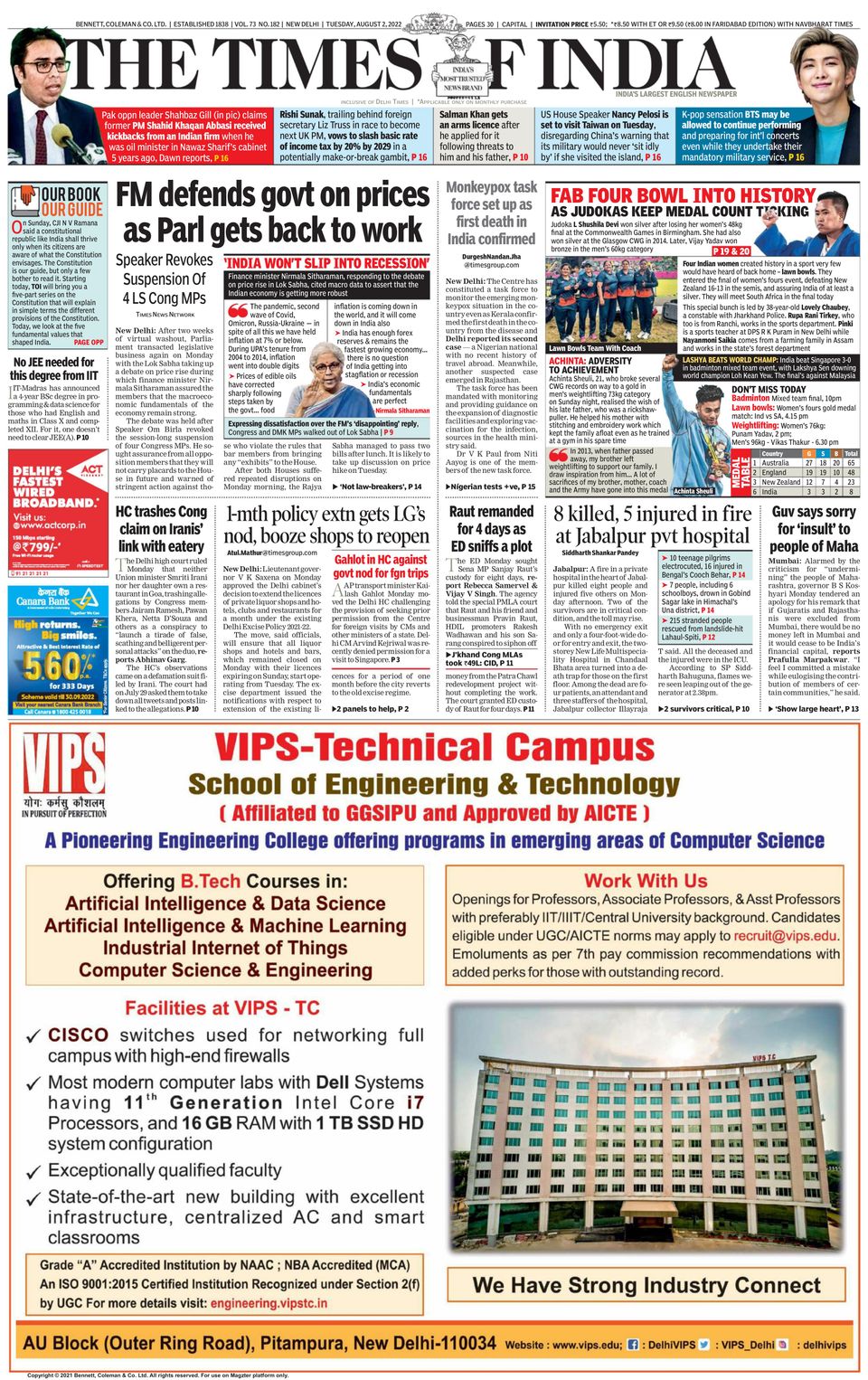 The Times of India Delhi-August 02, 2022 Newspaper