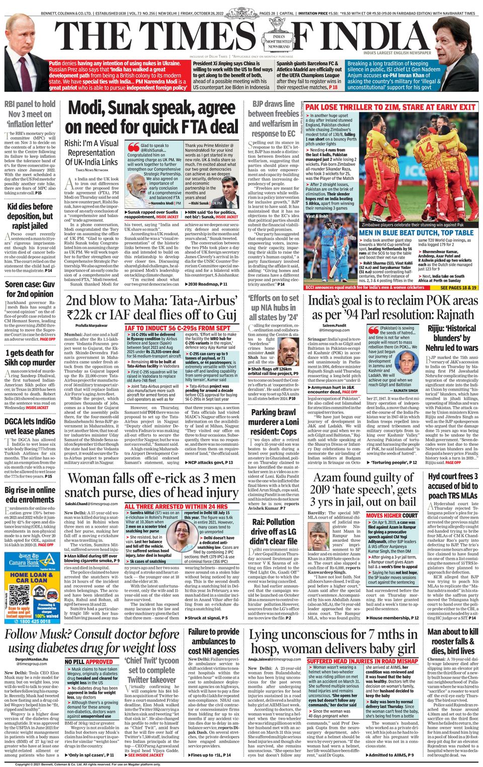 The Times of India Delhi-October 28, 2022 Newspaper