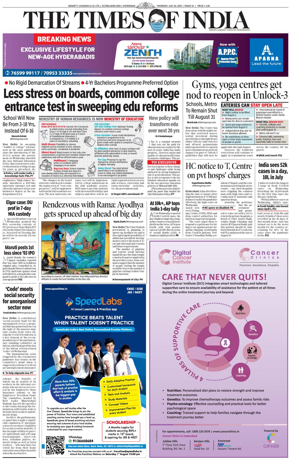 The Times of India Hyderabad-July 30, 2020 Newspaper