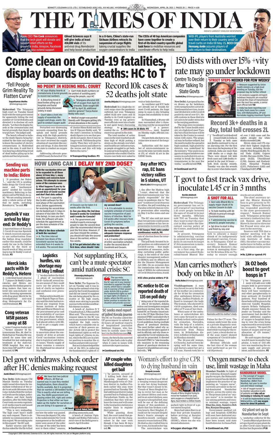 The Times of India Hyderabad-April 28, 2021 Newspaper
