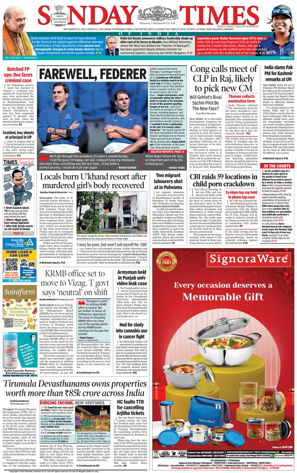 The Times of India Hyderabad-September 25, 2022 Newspaper