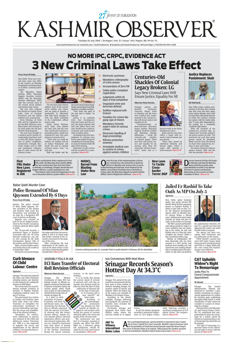 Kashmir Observer-July 02, 2024 Newspaper - Get your Digital Subscription