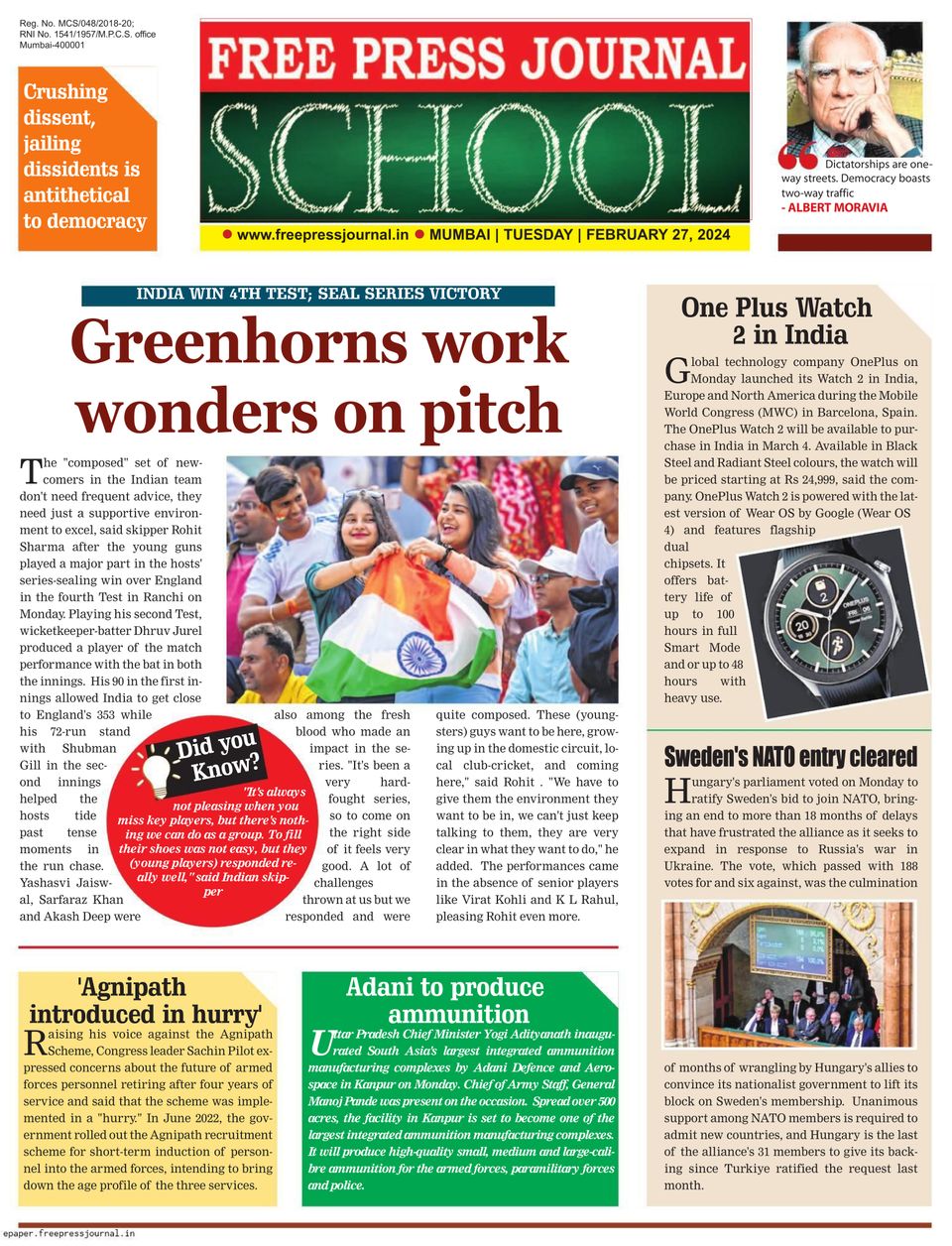 Free Press School Mumbai-February 27, 2024 Newspaper